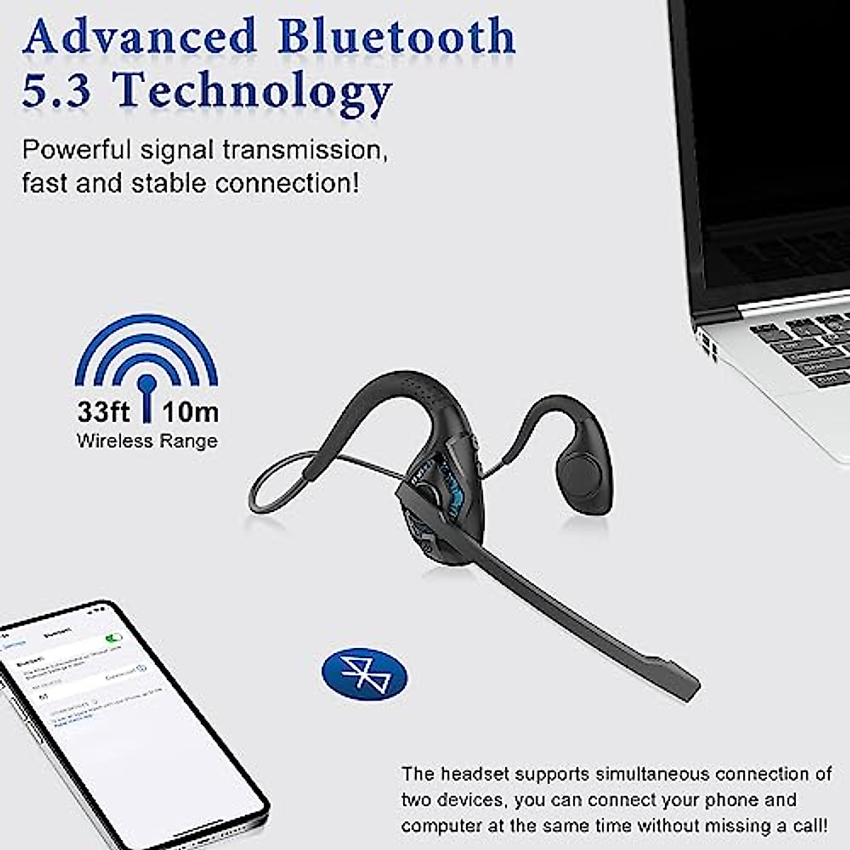 BANIGIPA Bluetooth Headset with Boom Microphone, Open Ear Headphones w/Noise Canceling Mic, Wireless Headset for Phone Laptop PC Computer, Light and Comfortable for Office Meeting Home Working-10 Hrs