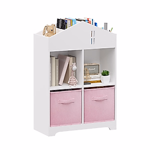 Tzou Kids Dollhouse Bookcase with Storage, Toddler Bookshelf, 2-Tier Storage Display Organizer with 2 Collapsible Fabric Drawers for Boys Girls Bedroom, Playroom House Bookshelf White+Pink