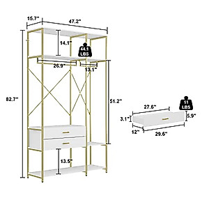 Homsee Extra Tall Clothes Rack, Heavy Duty Closet Garment Rack with Shelves and Drawers, Freestanding Metal Closet Organizer Wardrobe with Hanging Rods for Hanging Clothes, White & Gold
