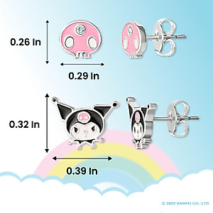Sanrio Womens Pink Skull and Kuromi Earrings Set 2 Pairs - Silver Plate and Enamel Sanrio Stud Earrings Officially Licensed