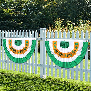 8 Pcs Shamrock Outdoor Flag St Patrick Banner Flag 3 x 1.5 Feet Irish Flag Bunting Half Fan Ireland Shamrock Flag Printed Polyester Pleated Fan Flag with Grommet for Indoor Outdoor Decorations