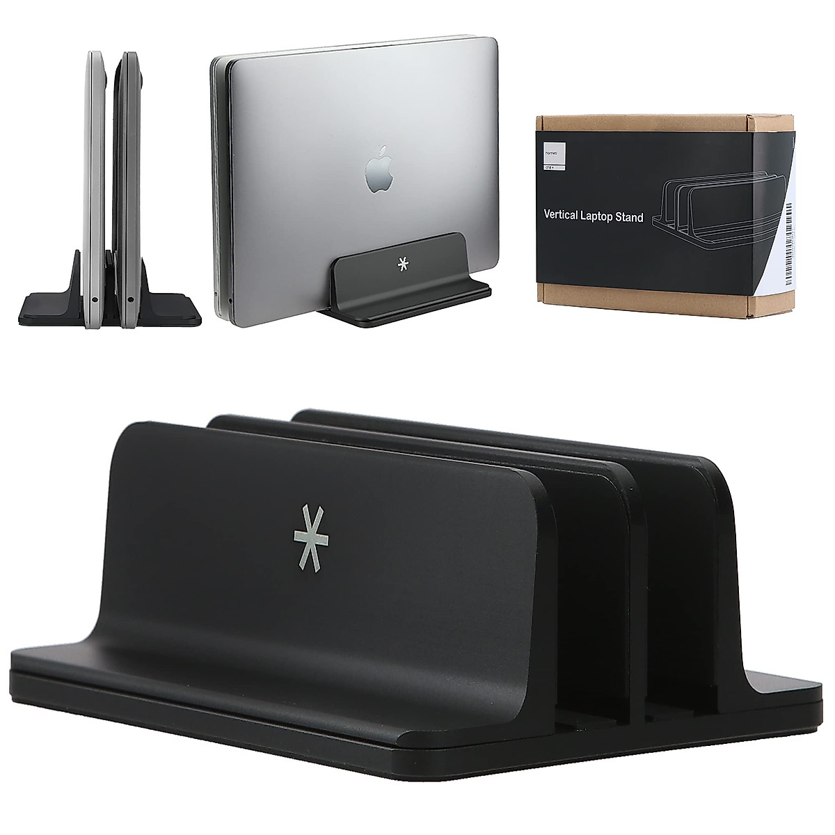 Vertical Laptop Stand - for Desk Organization with Dual Slot Adjustable Riser, Compatible with Asus, Chromebook, Dell, HP, MacBook, Razer, Samsung, Surface, Compact Portable Holder, Aluminum, Black