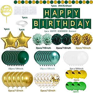 Birthday Decorations, Green Gold Birthday Party Decorations for Boy Girls Men Women, Birthday Balloons with Happy Birthday Banner, Paper Pompoms, Confetti Balloons for Birthday Party Decorations