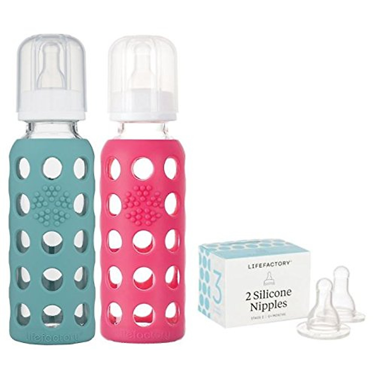 Lifefactory 9oz Glass Baby Bottle 2pk Bundle with 2 Stage 3 Nipples (Kale/Raspberry)