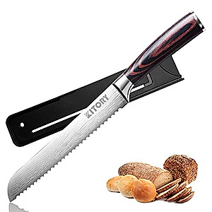 Kitory Bread Knife Serrated Knife 8‘’ Ultra Sharp Slicing Knife with Sheath German High Carbon Steel Wavy Edge Cake Slicer Bakery Slicing Cutter Ergonomic Ideal for All Types of Bread