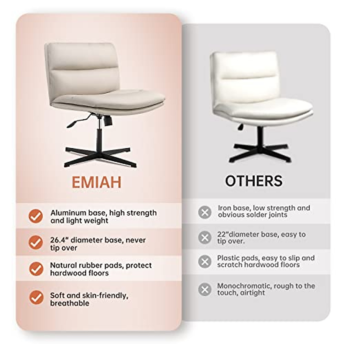 EMIAH Armless Office Desk Chair No Wheels PU-Padded Vanity Chair Mid-Back Ergonomic Home Office Computer Chair Comfortable Adjustable Swivel Task Chair with Thickened Cushion