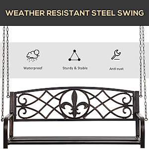 Outsunny 2-Person Porch Swing, Hanging Steel Patio Swing, Outdoor Swing Bench with Fleur-de-Lis Design for Garden Deck, 528 LBS Weight Capacity, Bronze