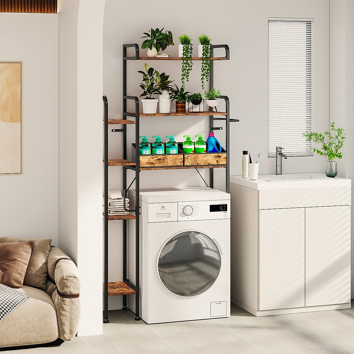 Homsorout Bathroom Organizers and Storage Cabinet - Over The Toilet Storage Cabinet with Adjustable Shelf 2 Baskets, Bathroom Shelf with Hooks Bathroom Storage Rack, Brown