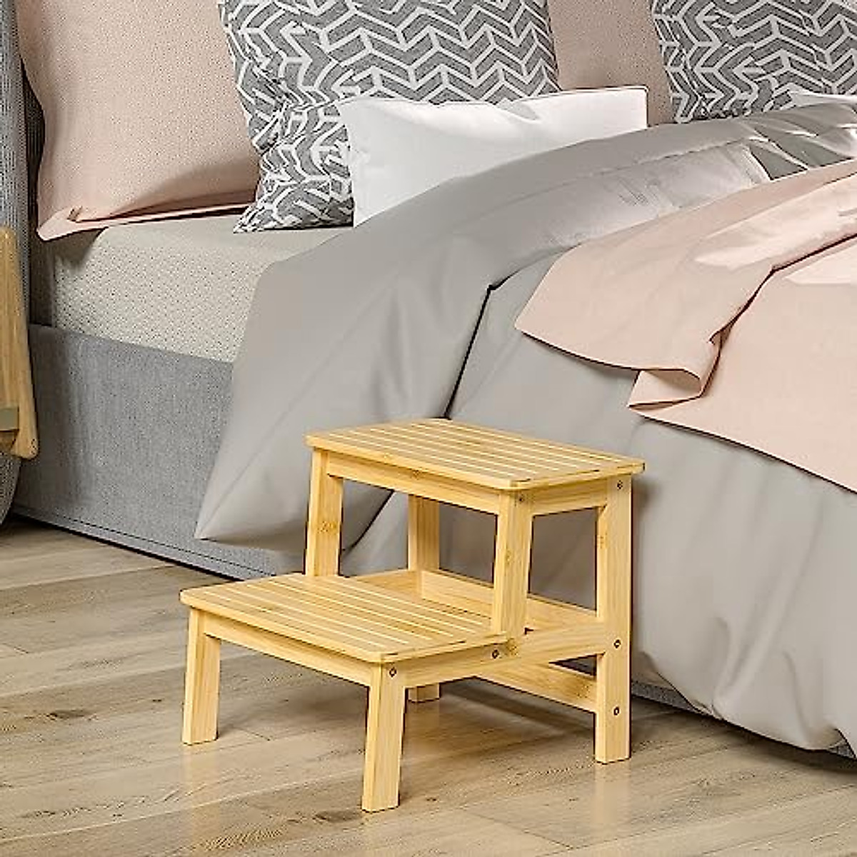 Domax Bamboo Wooden Step Stools for Kids - Toddler Step Stool for Bathroom Sink High Bed Toilet Kitchen Helper Wood Step Stool for Bedside for Adults Non-Slip Waterproof 2 Stepping Stool, Natural
