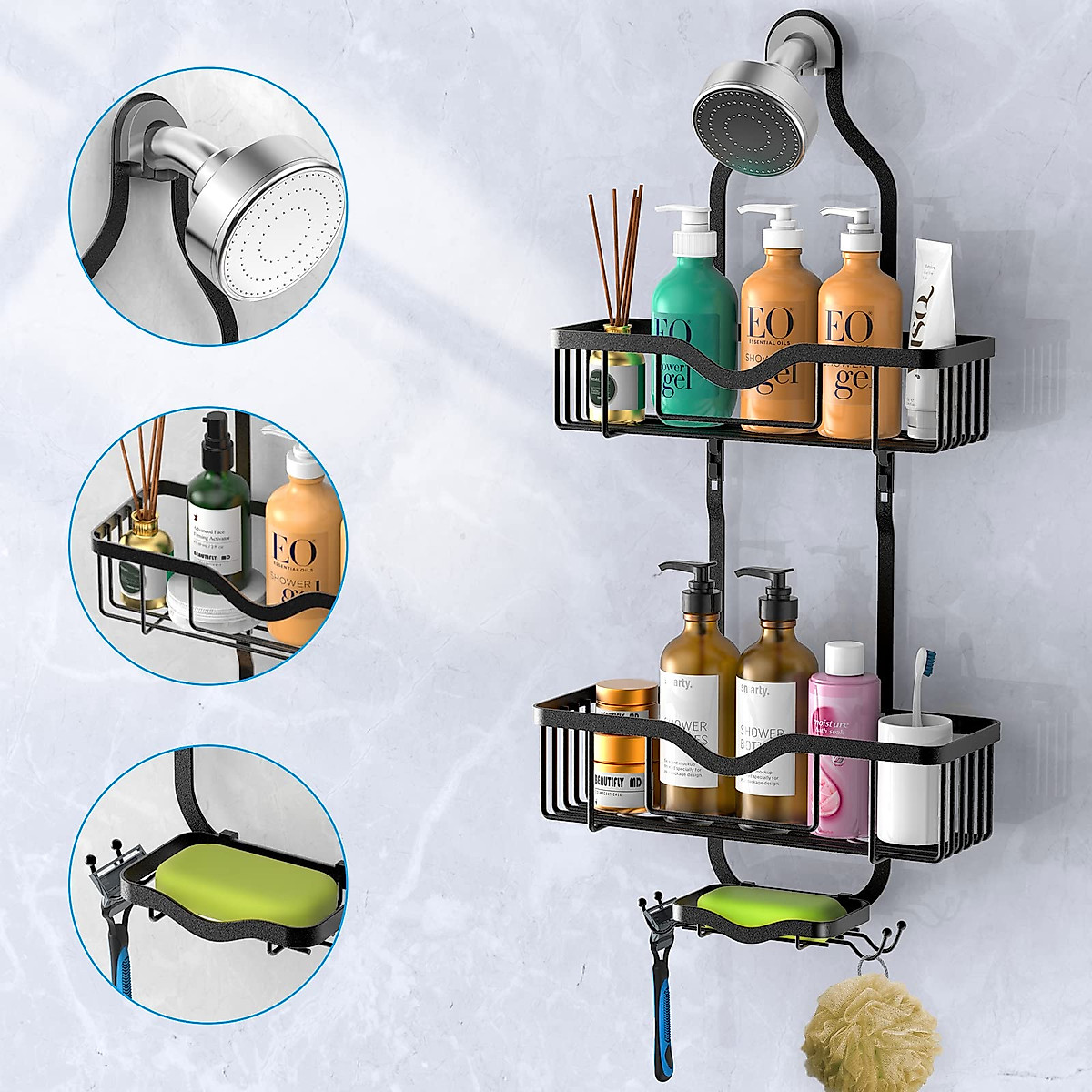 Kerisgo Shower Caddy, 3-Tier Hanging Organizer Rack (Black), Maximizes Storage for Bath Essentials
