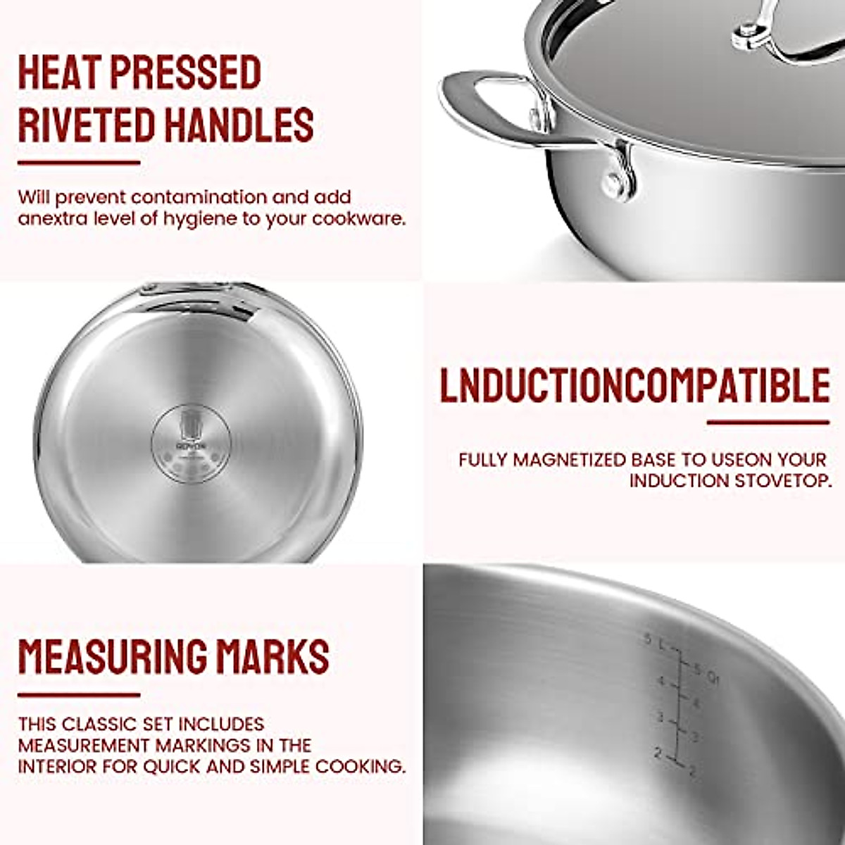 ROYDX Stainless Steel Skillet Saute Pan, 5 Quart Tri-ply Nonstick Large Fry Pans with Lid Single Stay-Cool Handle Cookware, Induction/Electric Gas Cooktops Oven Dishwasher Safe, for Kitchen Camping