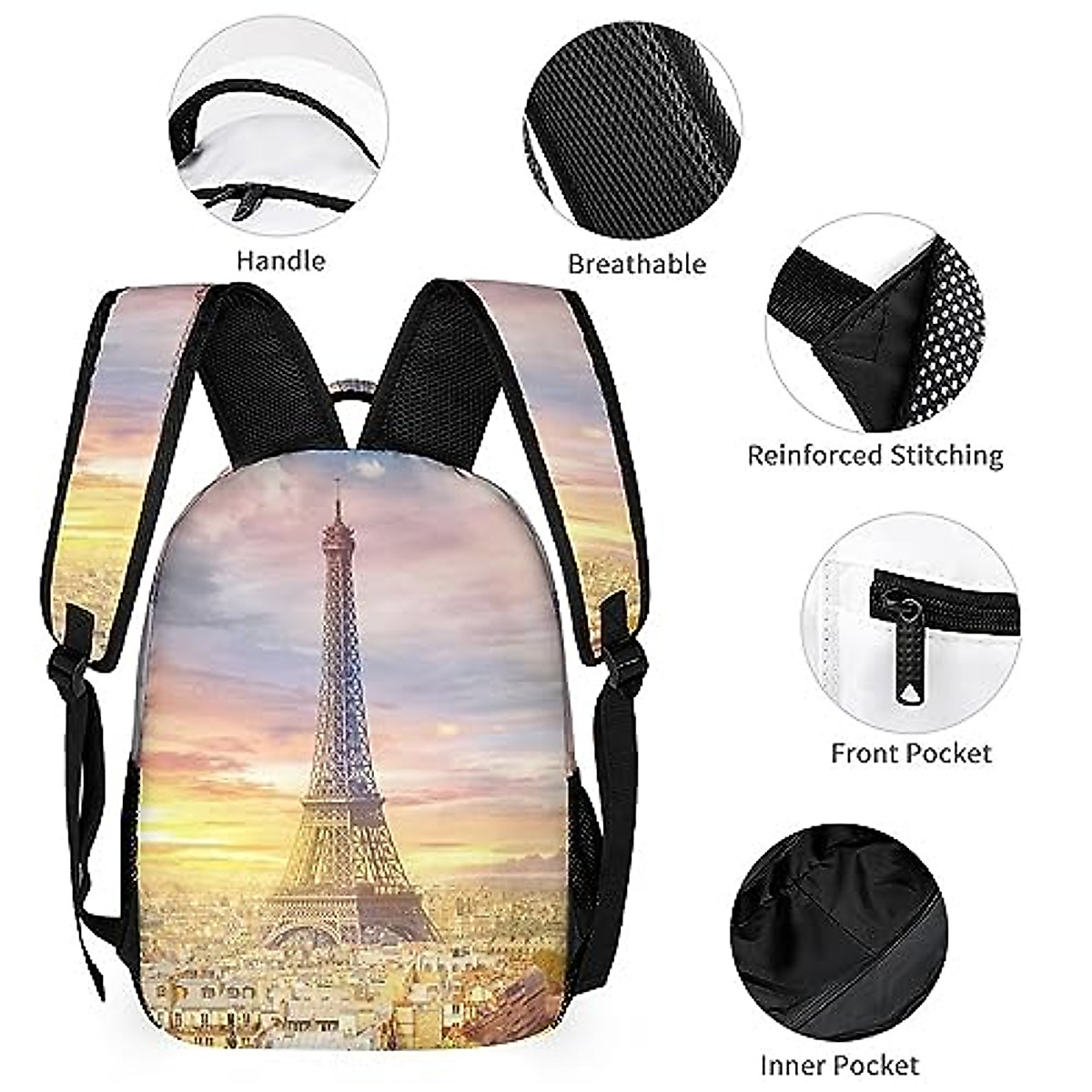 Paris Eiffel Tower Art 3 Pcs Backpack Set Portable Lunch Bag Pencil Pouch for Office