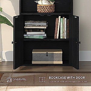 oneinmil 6 Tier Bookshelf and Bookcase, Wooden Bookshelves with Cabinet Doors, Floor Bookshelves and Office Storage Cabinets for Home Office, Living Room,Black