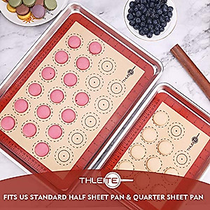 THLEITE Non Stick Silicone Baking Mat - Macaron Silicone Baking Mat & Pastry Mat with Measurement (5-Piece Set), 2 Half Sheet + 2 Quarter Sheet + 1 Pastry Mat - Macaroon/Pastry/Pizza/Cookie Making