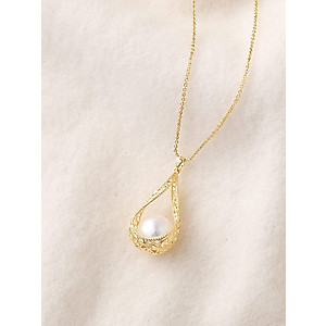 Big Grey Gray Pearl Large Pendant Drop Dangle Simple Prom Formal Necklace for Women Trendy Handmade Hypoallergenic 14K Glod Plated Costume Jewelry (Grey-14K Gold)