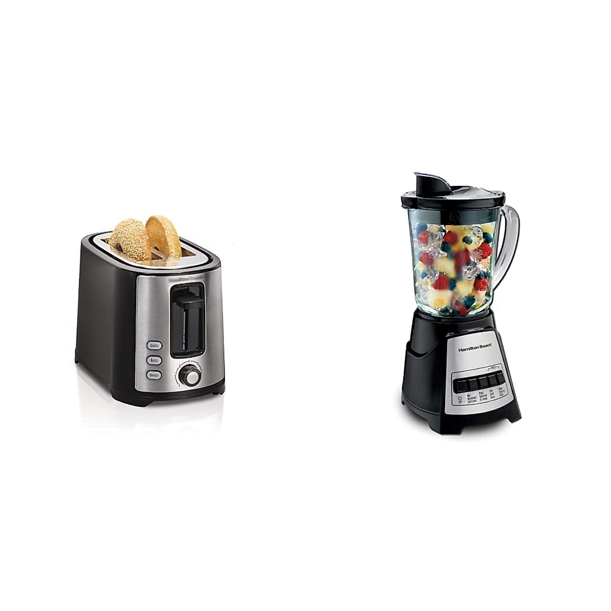 Hamilton Beach 2 Slice Extra Wide Slot Toaster, Black (22633) & 58148A Blender to Puree - Crush Ice - and Make Shakes and Smoothies - 40 Oz Glass Jar - 12 Functions - Black and Stainless