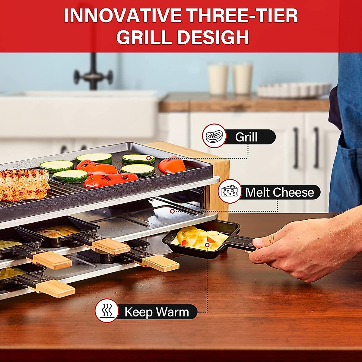 Raclette Table Grill, COKLAI Raclette Grill 8 Cheese Melter Pans 8 Spatulas Three-Tier Indoor Electric Grill, with Temperature Control and Removable Non-Stick Grillplate, Dishwasher Safe