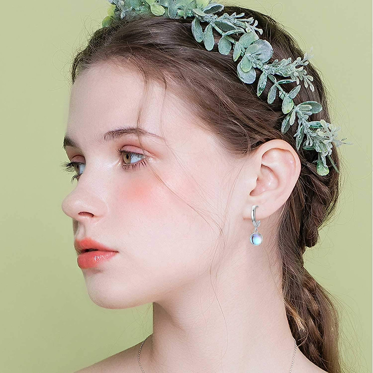 Cuoka Round Moonstone Earrings 925 Sterling Silver Small Moonstone Bead Hoop Earrings Rainbow Moonstone Dangle Earrings Jewelry for Women Mom