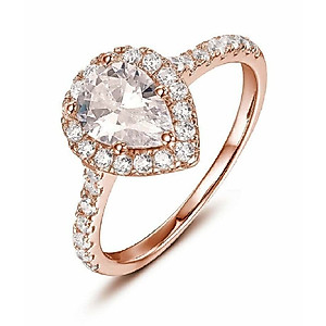 PVN Jewels Pear Shaped Created Morganite CZ Halo Engagement Promise Ring 14K Rose Gold Plated 925 Silver 9