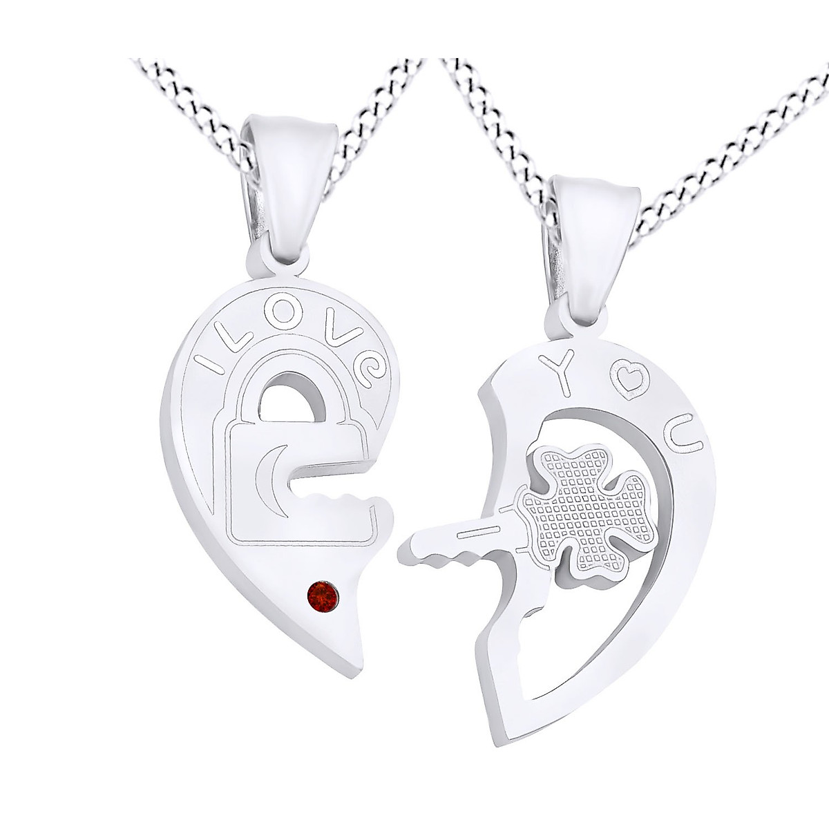 AFFY Round Simulated Red Garnet I Love You Heart Couple Pendant Necklace in 14K White Gold Over Sterling Silver