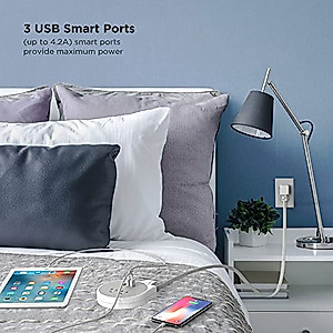 iHome Retractable Charger: Fast Charge Travel Power Strip with 3 USB Ports, 2 AC Outlets and 4 ft Manually Retractable Compact Extension Cord, White