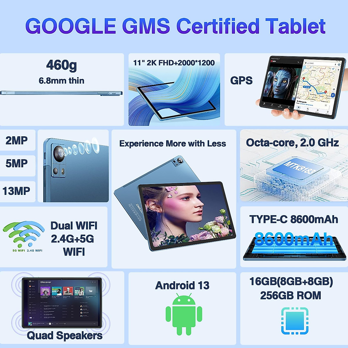 DMOAO 11 inch Android 13 Tablet 16GB+256GB Tablets with 1TB Expand, Octa-Core 2000 * 1200 2K FHD Display 13MP Camera, 8600mAh, Quad Speakers, 5G WiFi, Split Screen Support (Blue with Case)