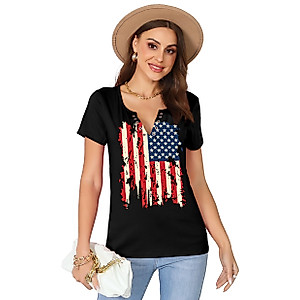 YI XIANG RAN American Flag Shirt Tops Womens 4th of July T-Shirts Ring Hole Short Sleeve Sexy V-Neck Patriotic Tees (Black1, Large)