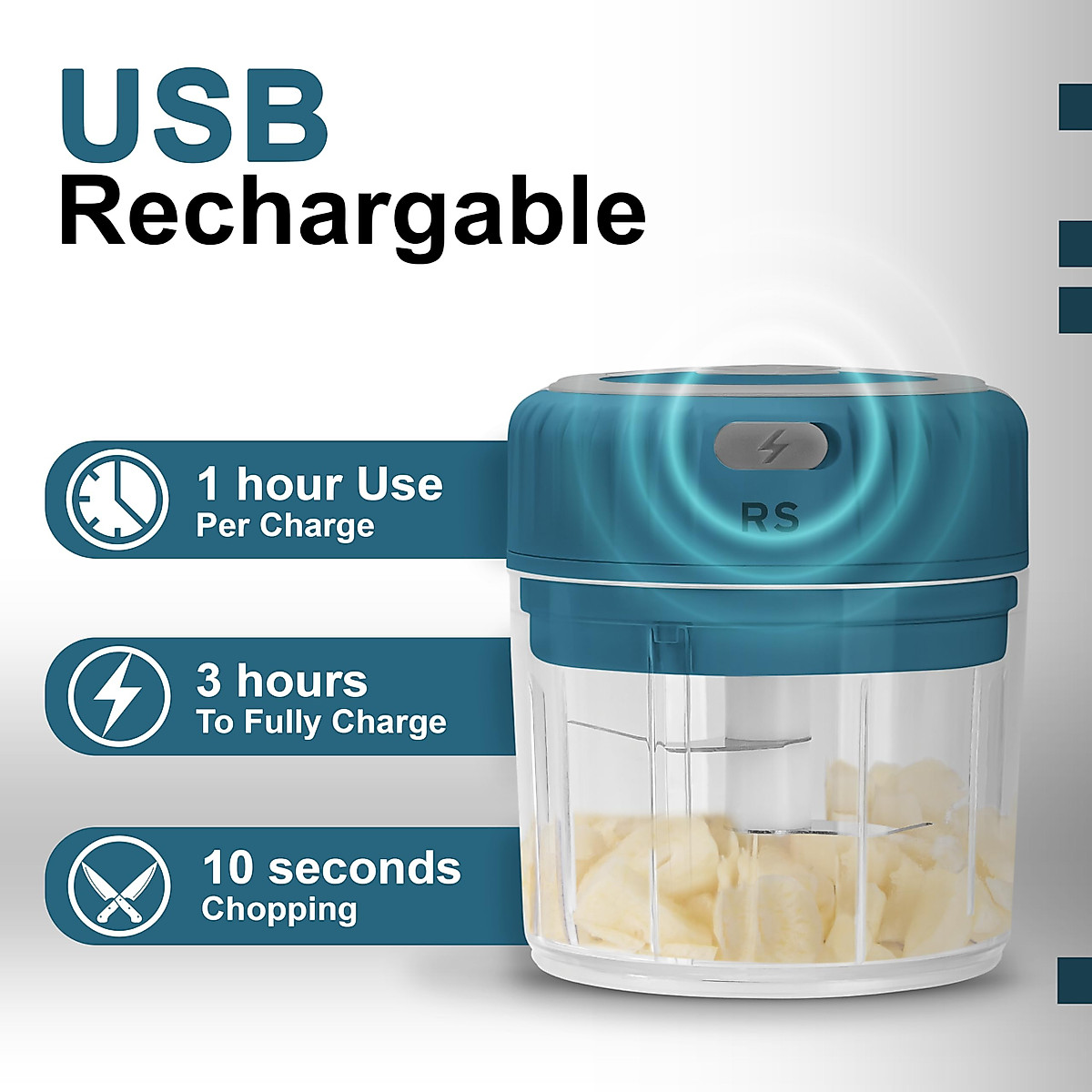 Real Simple Electric Mini Food Processor | Great for Garlic, Onion, Ginger, Jalapeño, Mini Chopper for Quick Food Prep Station | Portable USB Charging, 250 ML Food Container | Blue