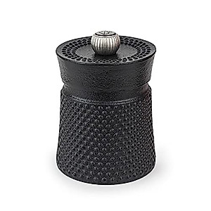 Peugeot Bali Black Cast-Iron Pepper Mill & Salt Cellar With Wooden Tray Gift Boxed- With Wooden Spice Scoop