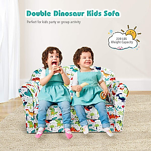 Costzon Kids Couch, Double Seat Children's Sofa w/Dinosaur Pattern, Comfortable Back, Easy to Move, Toddler Armrest Chair for Bedroom, Living Room, Soft Kids Sofa for Preschool Baby Boys Girls Gifts