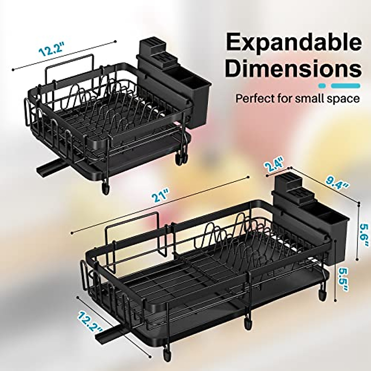 YKLSLH Expandable Dish Drying Rack Dish Racks for Kitchen Counter, Space Saving Dish Rack,Durable Kitchen Drying Rack with Drainboard, Glass Holder, Utensil Holder - Black