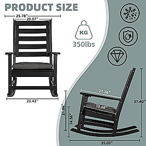 HOPUBUY Outdoor Rocking Chair with Cushion, HDPE Patio Rocking Chair, All Weather Resistant Rocker Chair for Porch Garden Yard Living Room,Black