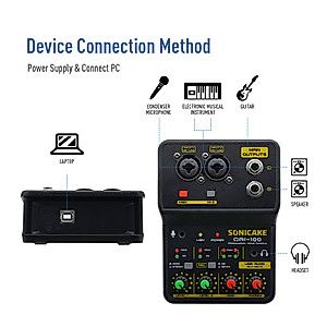 SONICAKE Audio Mixer, Portable USB Mini Sound Board Console, 2 Channel with Sound Card, 48V Phantom Power Compact DJ Mixers for PC & Music Recording, Live Streaming, Podcasting, KTV, Karaoke