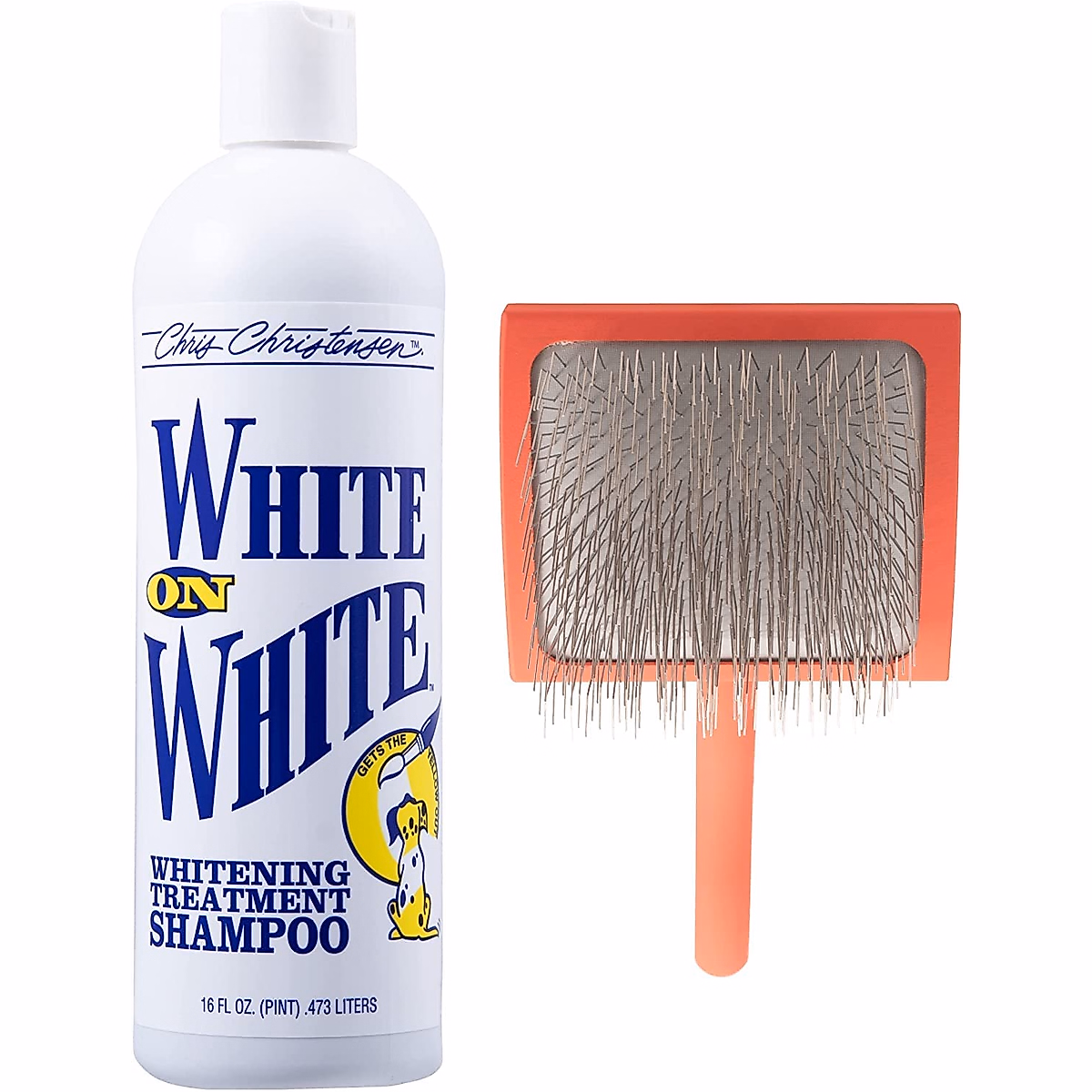 Chris Christensen Shampoo & Slicker Brush Bundle, White on White Shampoo 16 oz, Color Treatment + Big G Slicker Brush Large, Perfect for Doodles, Groom Like a Professional, Made in USA