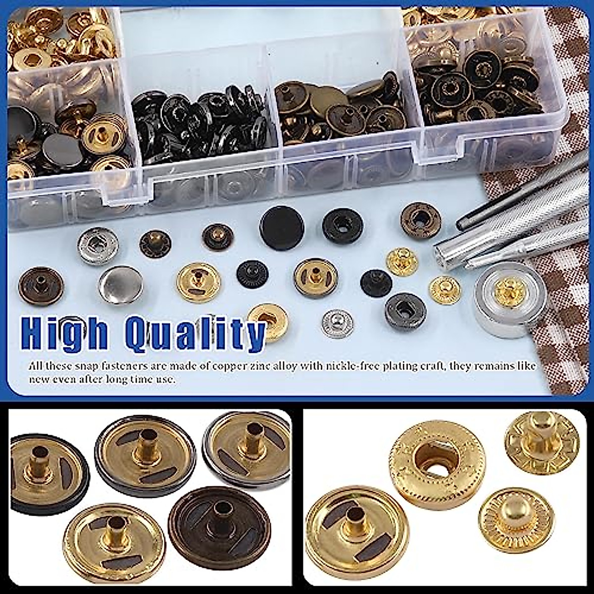 Glarks 60 Sets Leather Snap Fasteners Kit, 15mm 6 Colors Metal Snap Buttons Press Studs with 7Pcs Setting Tools, Hammer, Grease Pencils and Tape Measure for DIY Leather Craft, Clothes, Bags