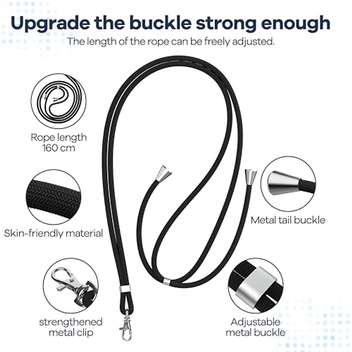 caslord Phone Lanyard, 2× Patches, 1× Polyester Adjustable Strap, Adjustable and Removable Universal Cell Phone Multifunctional Patch Lanyards Compatible with Most Smartphones-Black