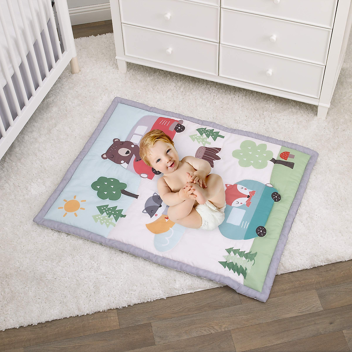 NoJo Little Love Retro Happy Camper Green, Aqua and Grey 3 Piece Nursery Crib Bedding Set - Comforter, Fitted Crib Sheet and Dust Ruffle