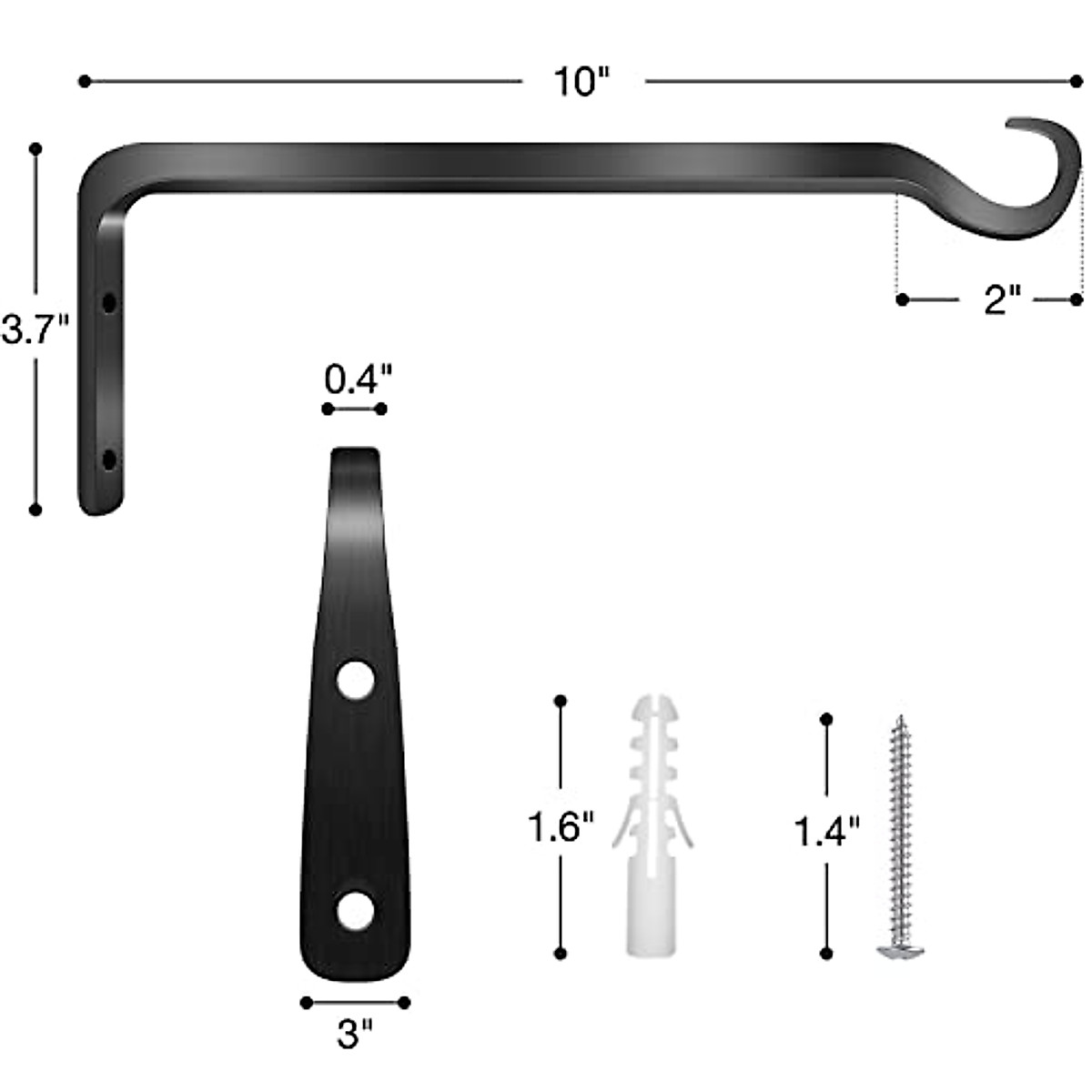 Worth Garden 6-Pack 10" Plant Hanger Bracket - Forged Wrought Iron Powder-Coated Heavy Duty Wall Hook - Black Plant Hanging Hooks - Durable and Stable for Bird Feeders, Planters Indoor & Outdoor