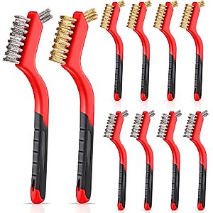 Patelai Wire Brush Set Stainless Steel/Brass/Nylon Bristles with Curved Handle Grip, Extra Bristles for Narrow Areas, Heavy Duty Mini Crimped Scratch Brush for Cleaning Grill (Classic,10 Pcs)