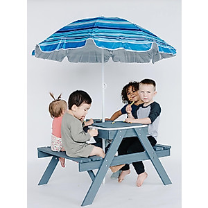 Beright 3-in-1 Kids Picnic Table, Play Sand and Water Sensory Table with Height Adjustable Umbrella & Removable Tabletop, Kids Wooden Outdoor Table, with 3 Storage Bins, Upgraded