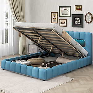 HABUHOME Queen Size Lift Up Storage Bed/Button Tufted Wingback Headboard/Hydraulic Storage/Upholstered Platform Bed Frame/No Box Spring Needed/Wood Slats Support/Light，Blue