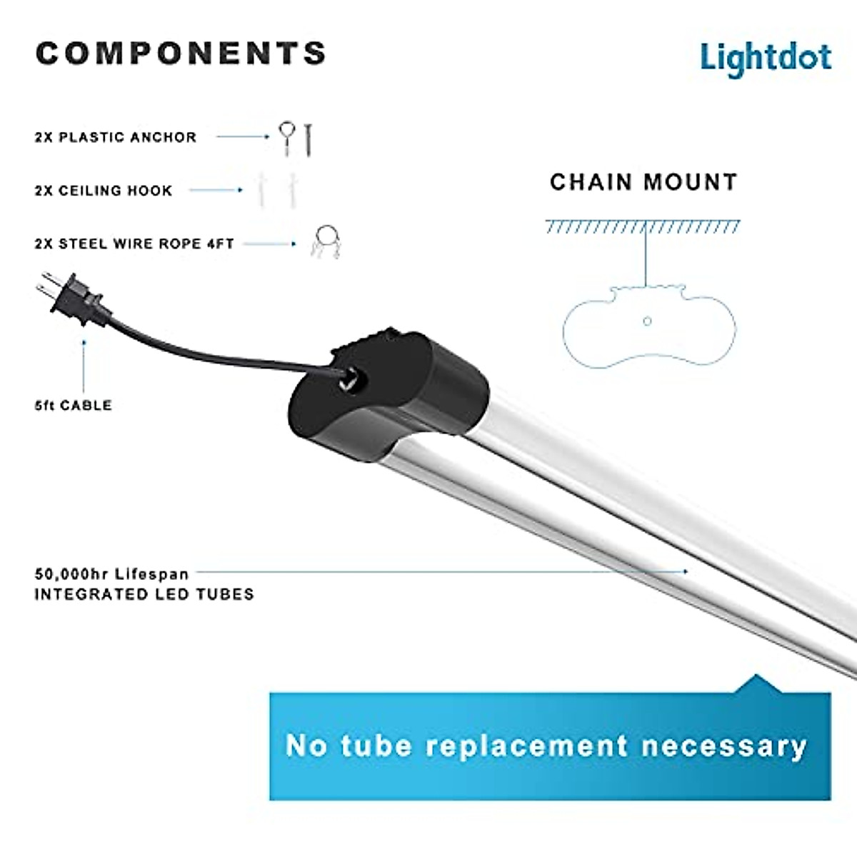 Lightdot 4FT LED Shop Light, 40W 4400Lm 5000K Daylight Light, 48 inch LED Workshop Lights, Suspension Mounting, 5FT Cord with on/Off Switch Led Utility Shop Light Fixture for Shop Garage Office-4Pack