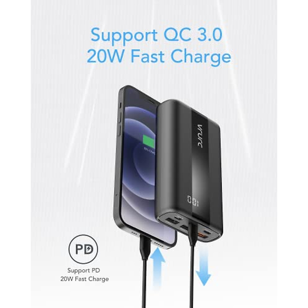 Small Power Bank 20000mAh, VRURC 22.5W PD & QC 3.0 Fast Charging USB C Portable Charger, 4 Output 3 Input Compact Battery Pack, LED Display External Phone Battery Compatible with Smart Devices