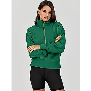 Caracilia Womens Cropped Sweatshirts Quarter Zip Pullover Half Zip Hoodies Long Sleeve Fleece 2023 Fall Casual Ribbed Knit Outfits Sweater Preppy Clothes C105A0-caolv-M Green