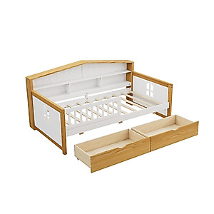 Wooden House Shape Daybed with Two Drawers and Bookcase Headboard,for Kids Girls Boys Teen Bedroom Use (Walnut/White@Drawers/, Twin)