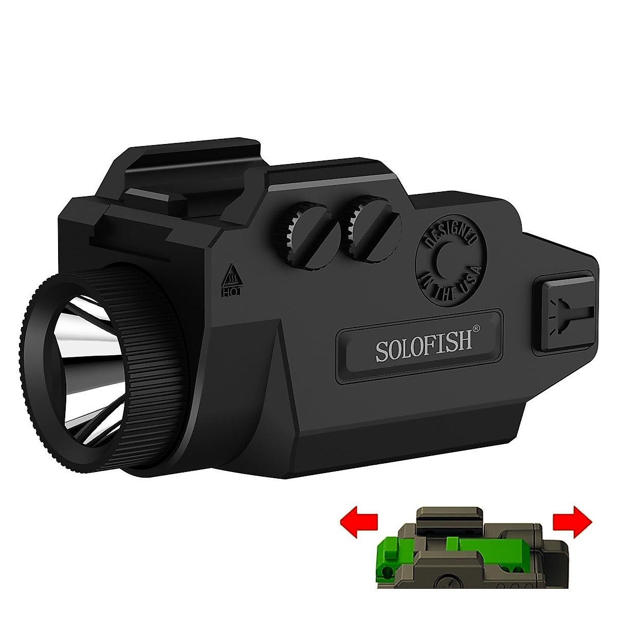 Solofish 650 Lumens Pistol Light with Strobe & Memory, Slidable Tactical Flashlight, Rail-Mounted Gun Light Compatible with Glock Pistols w/Picatinny， Rechargeable