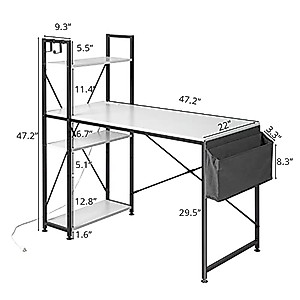 Karl home Computer Desk with Power Outlet & Storage Shelves 47" Home Office Workstation Study Writing Table with Charging Station & Hooks for Home, Studio, Office, Apartment, White