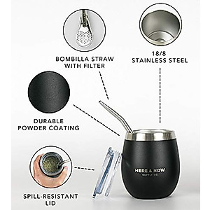 Here & Now Yerba Mate Cup and Bombilla Set | 2 Mate Gourds, Spill Resistant Lids, & Mate Straws | Bombilla Brush & Pouch Included | Yerba Mate Gourd Kit with Bombilla Mate & Mate Tea Cups (Black)