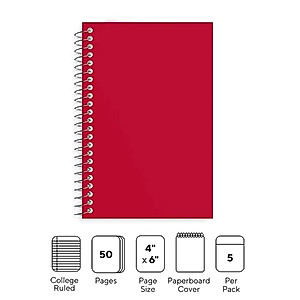 1InTheOffice Notepads 4x6 College Ruled, Assorted colors, 50 sheets/pad, 5 pack