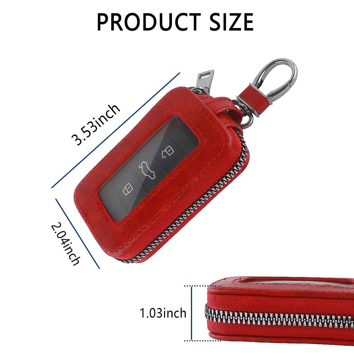 Turcee Car Key Cover,Leather Key Fob Case with Keychain & Carabiner,Universal Smart Key Fob Holder Fits Most Cars (Red)
